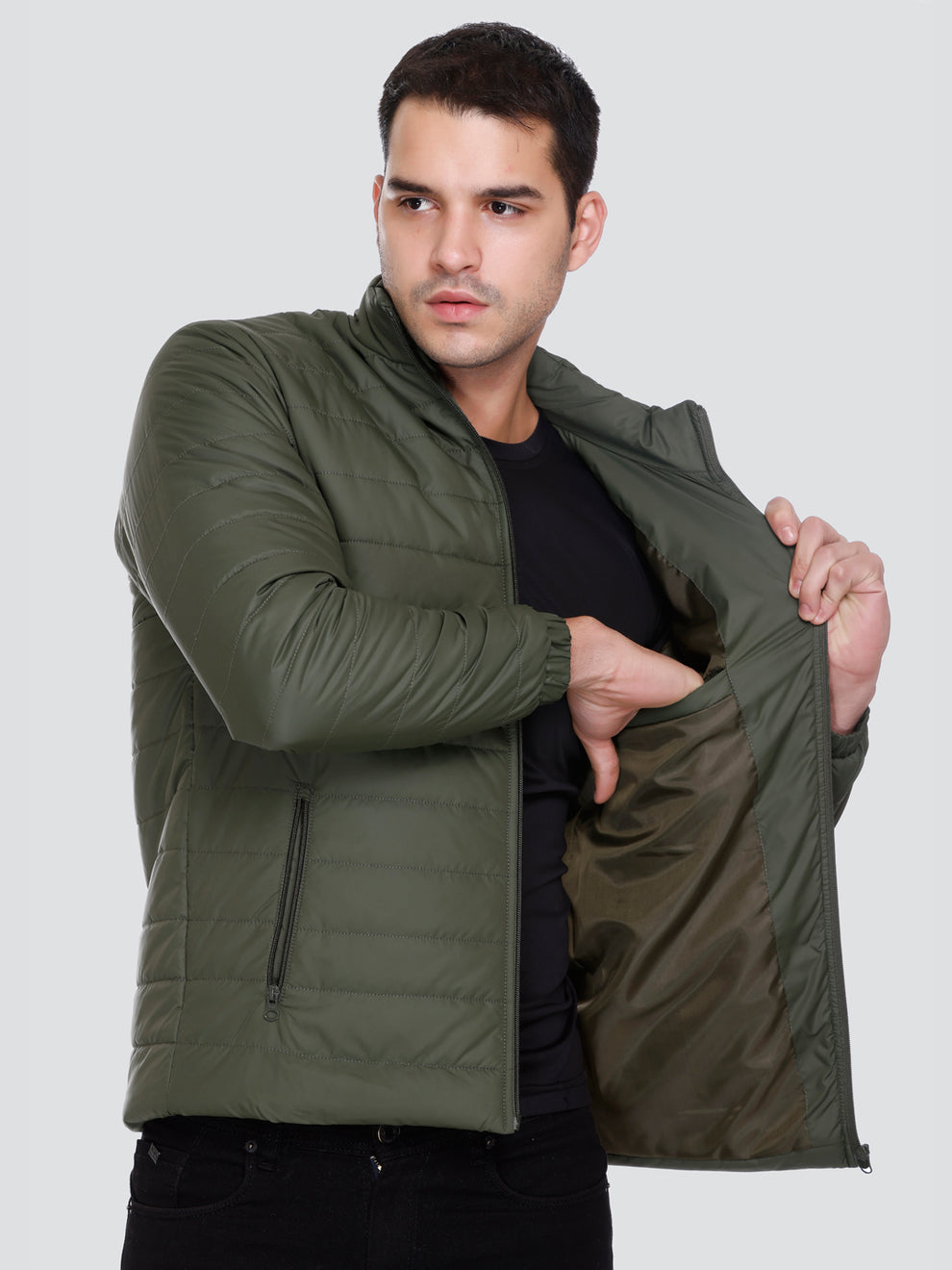 OLIVE NYLON ZIPPER MEN Puffer Jacket Singal Side Full Sleeve – Rare Times